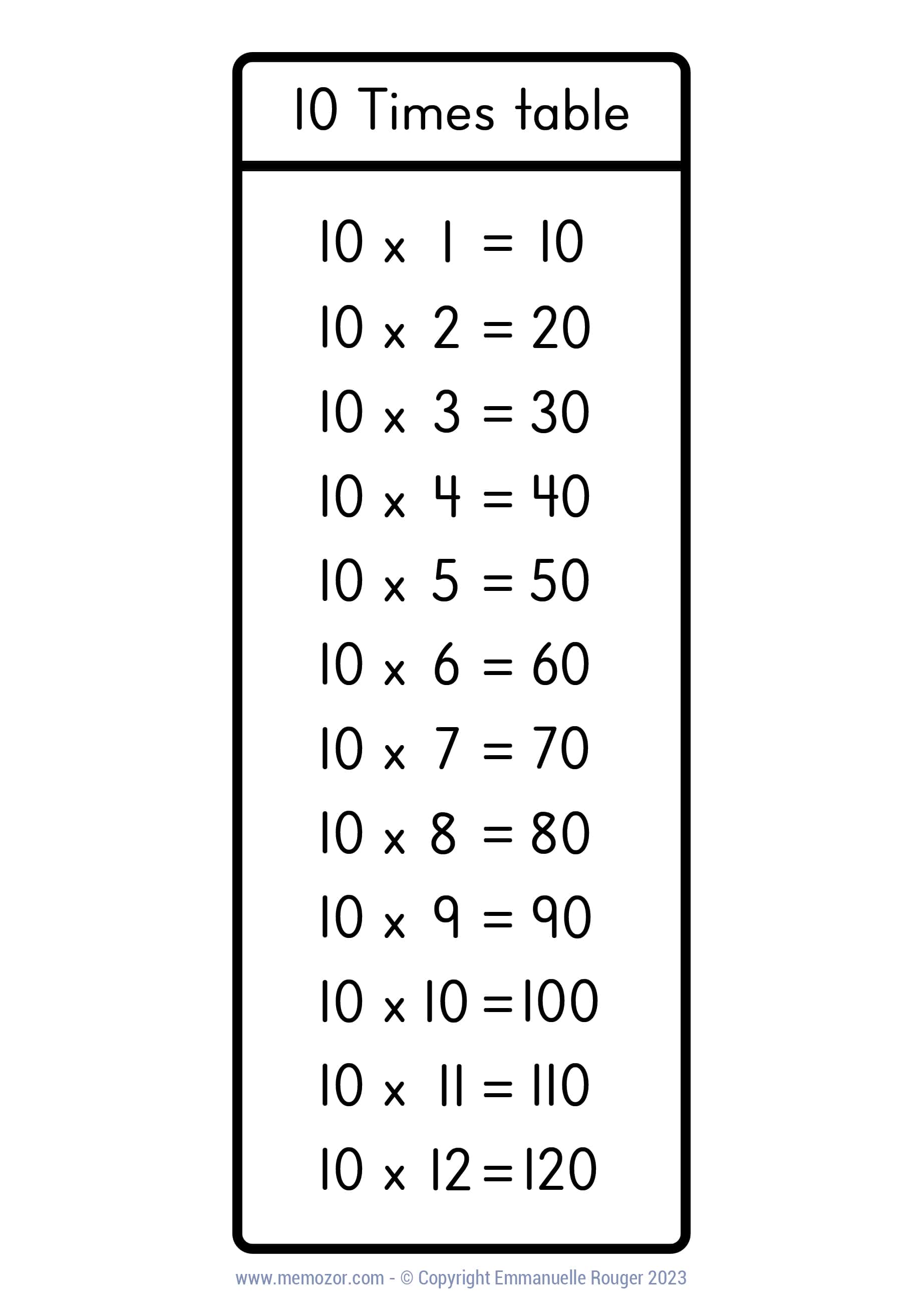Pretty 10 Times table Chart - Print for free (many colors) | Memozor