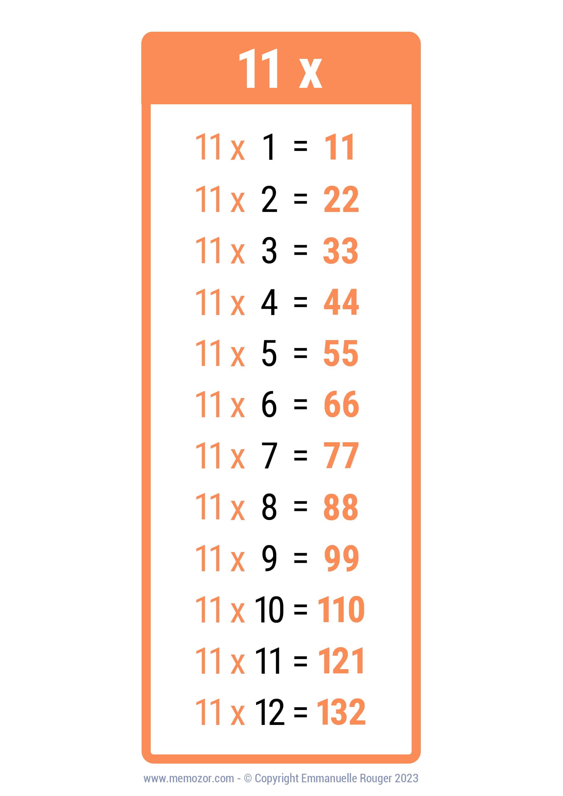 Pretty 11 Times Table Chart Print For Free many Colors Memozor