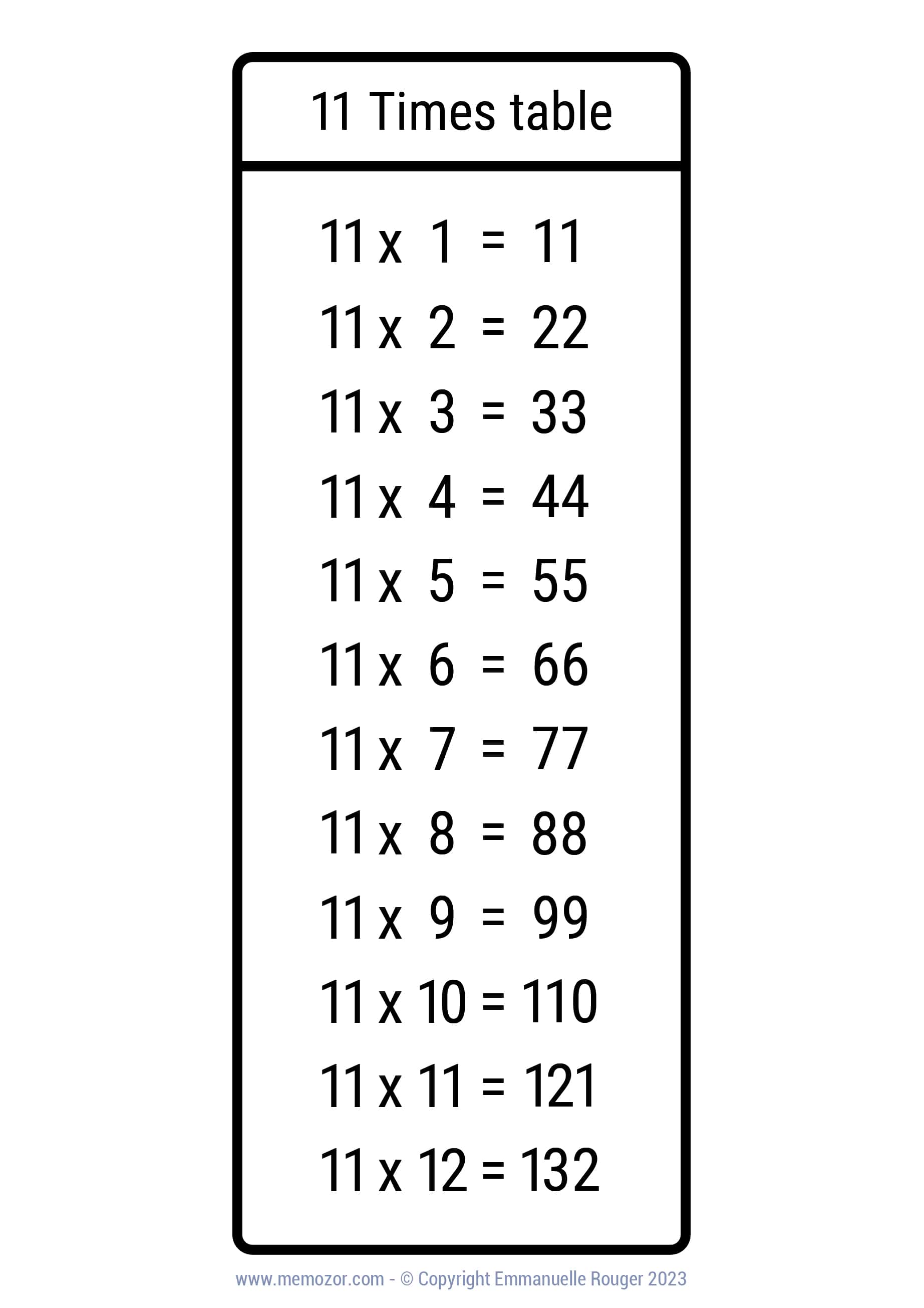 Pretty 11 Times table Chart - Print for free (many colors) | Memozor