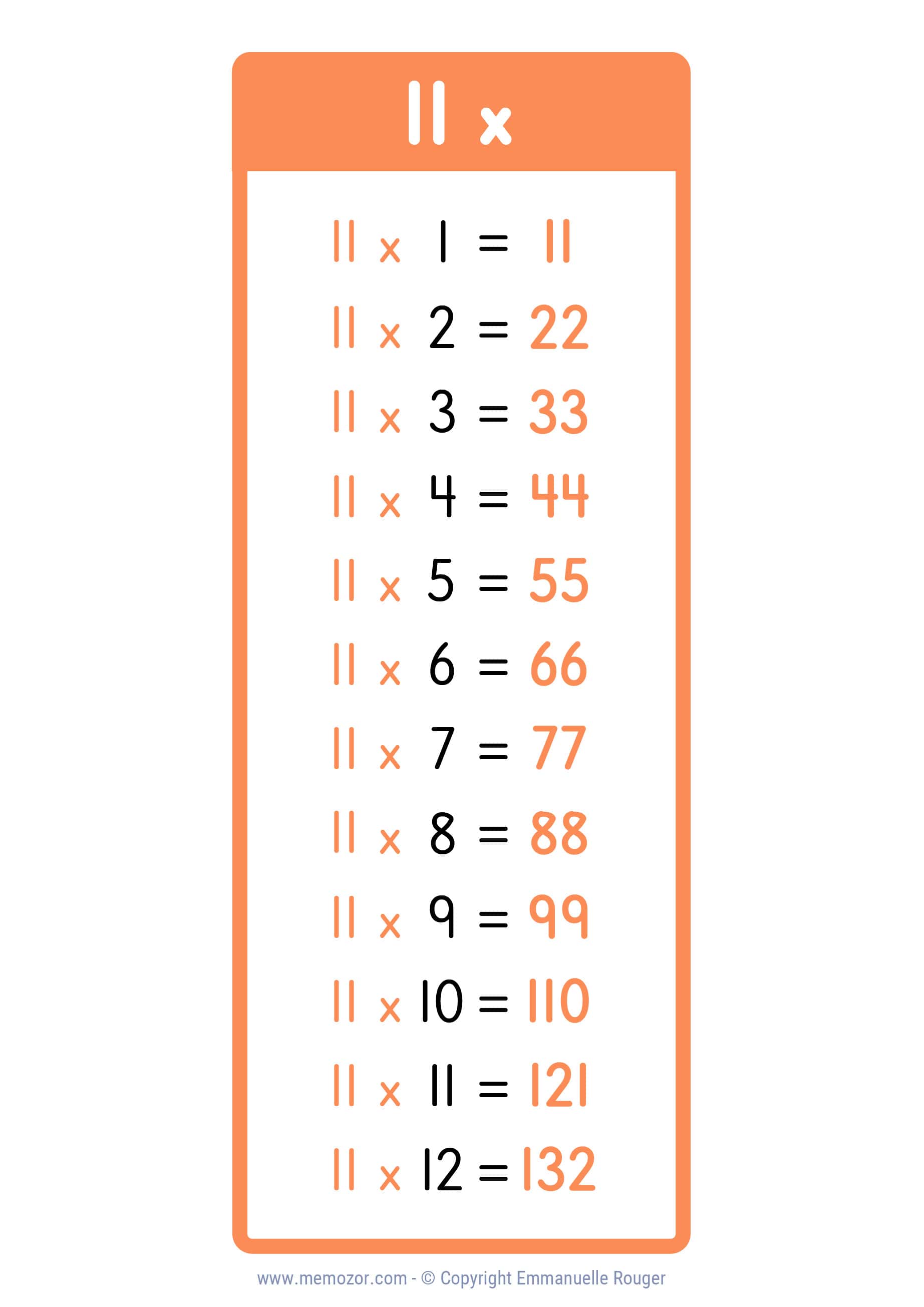 Pretty 11 Times Table Chart Print For Free Many Colors Memozor
