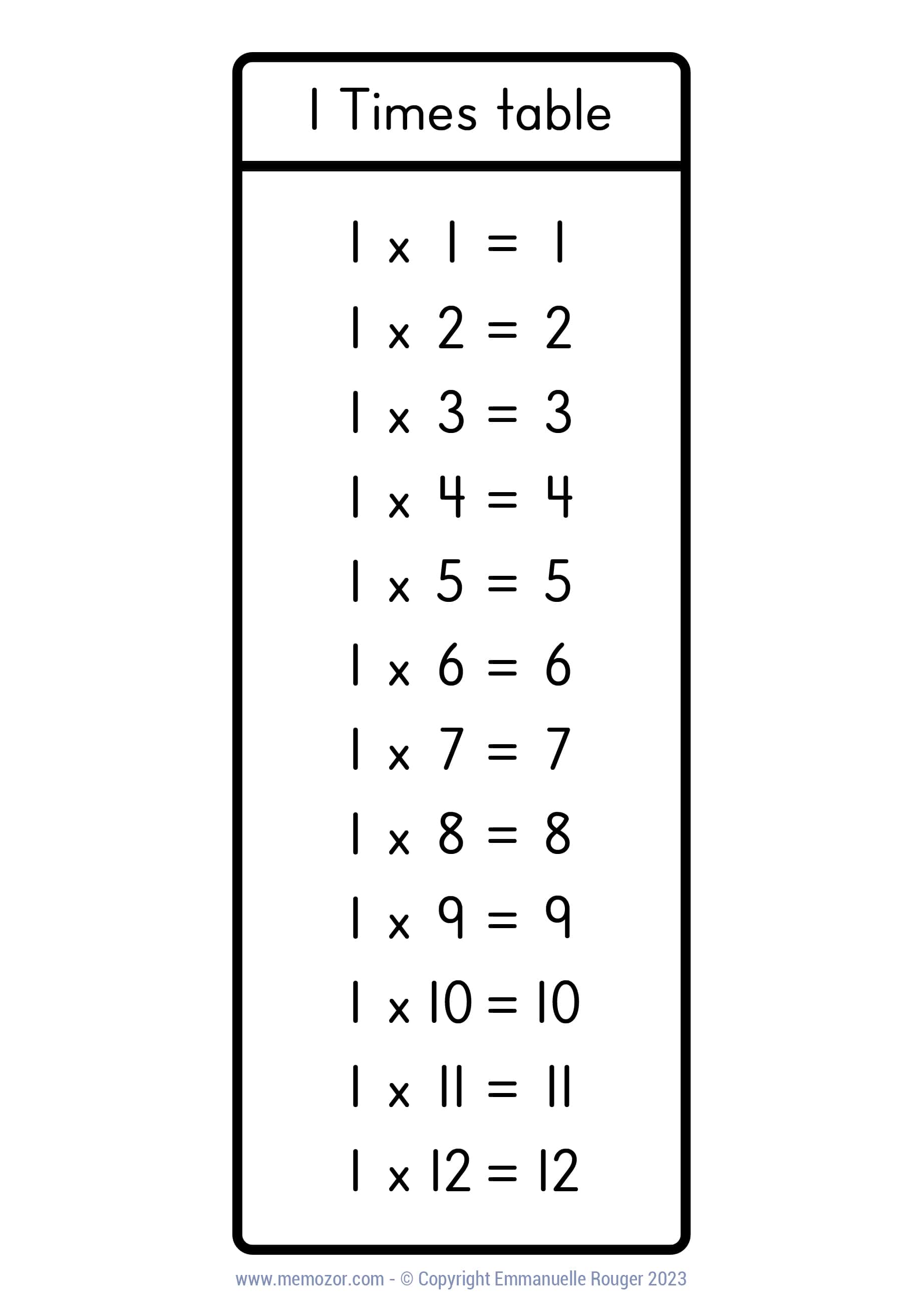 Pretty 1 Times table Chart - Print for free (many colors) | Memozor