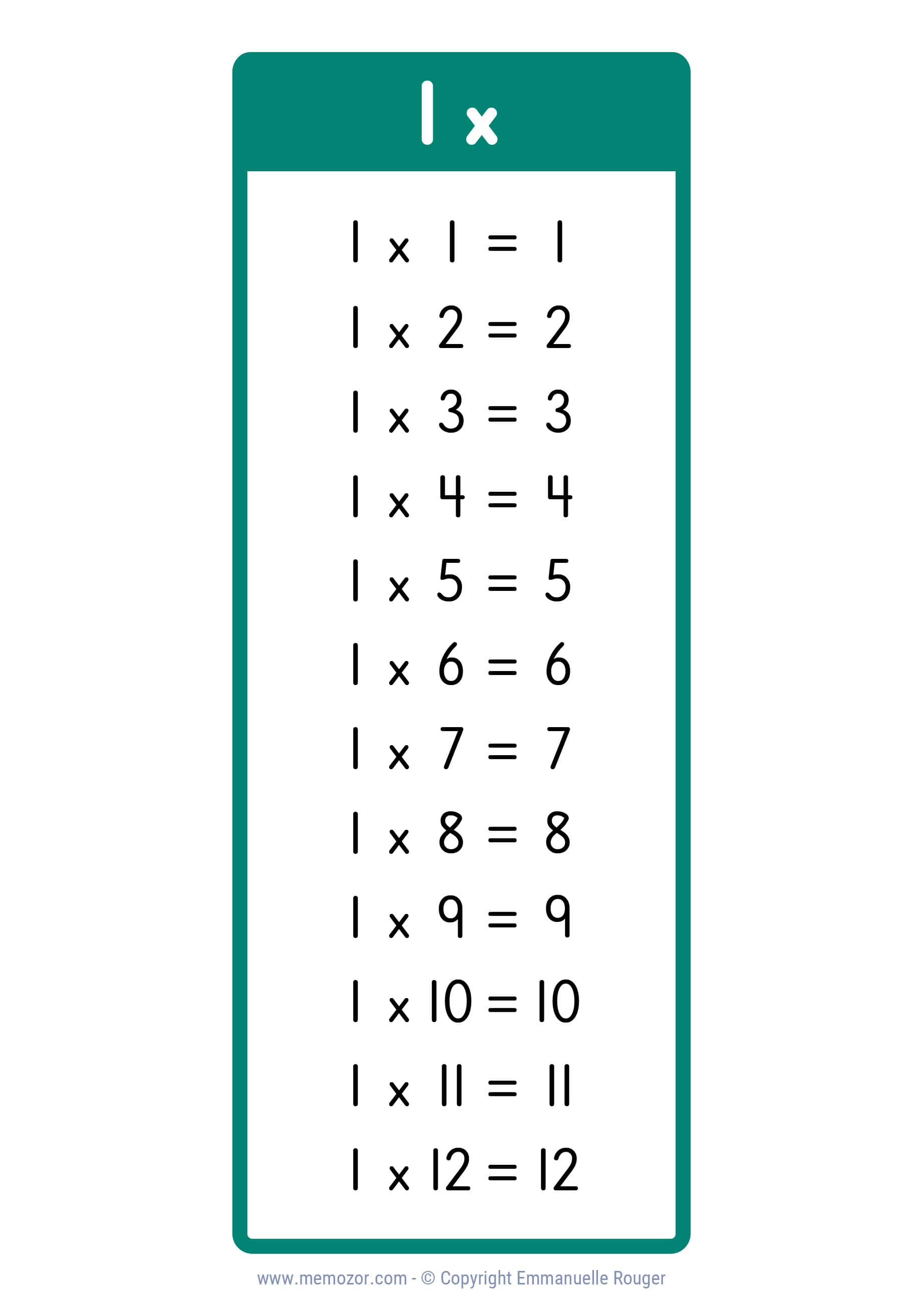Pretty 1 Times table Chart - Print for free (many colors) | Memozor