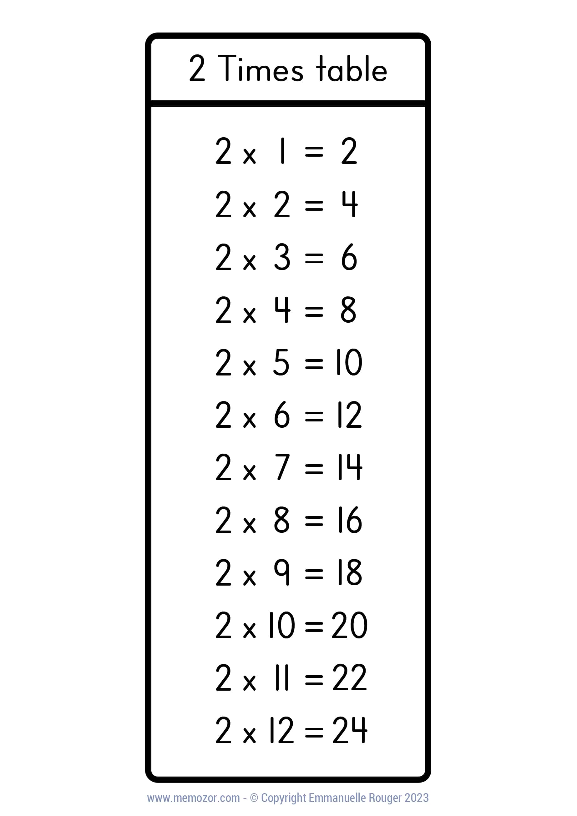 Pretty 2 Times table Chart - Print for free (many colors) | Memozor