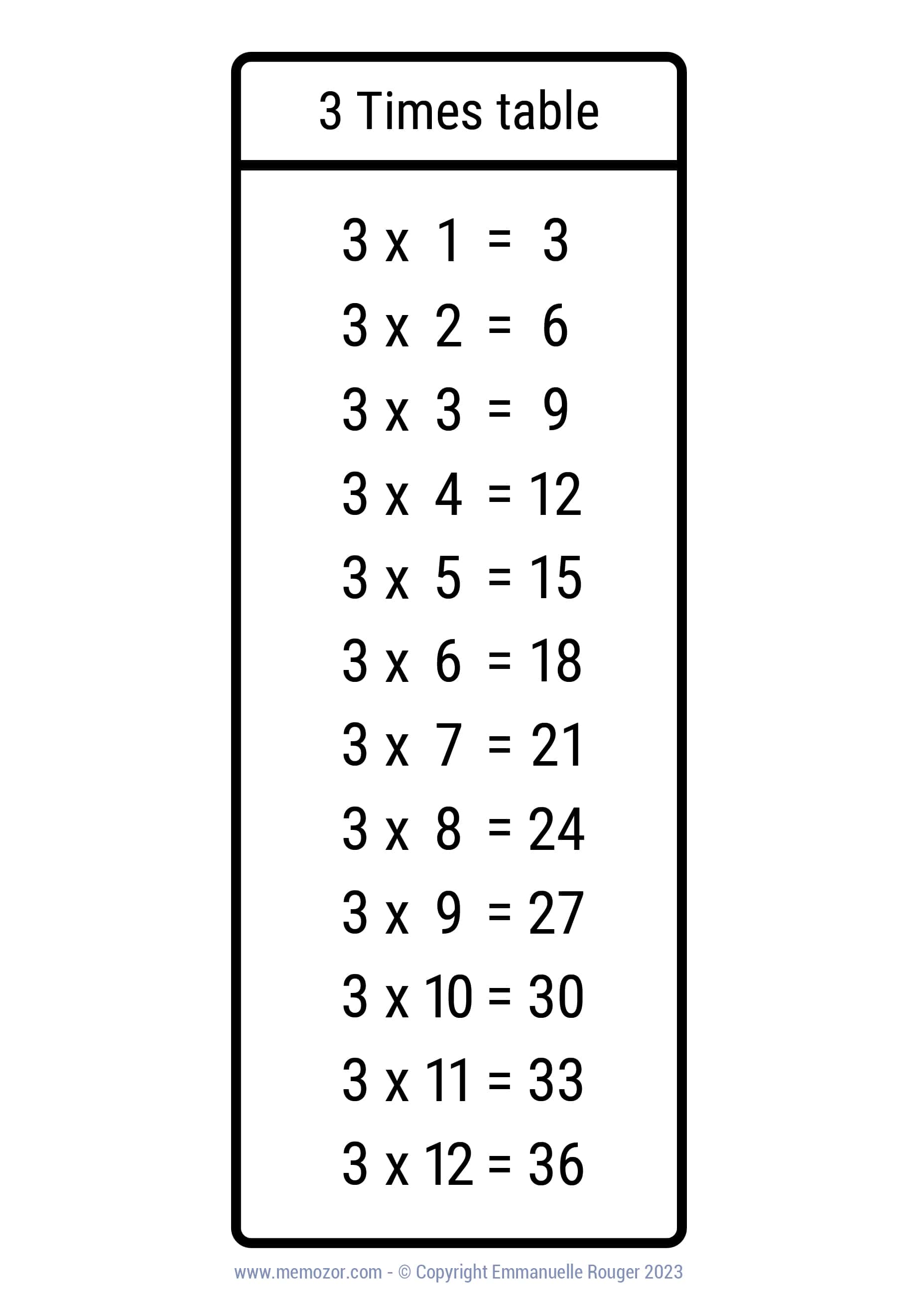Pretty 3 Times table Chart - Print for free (many colors) | Memozor