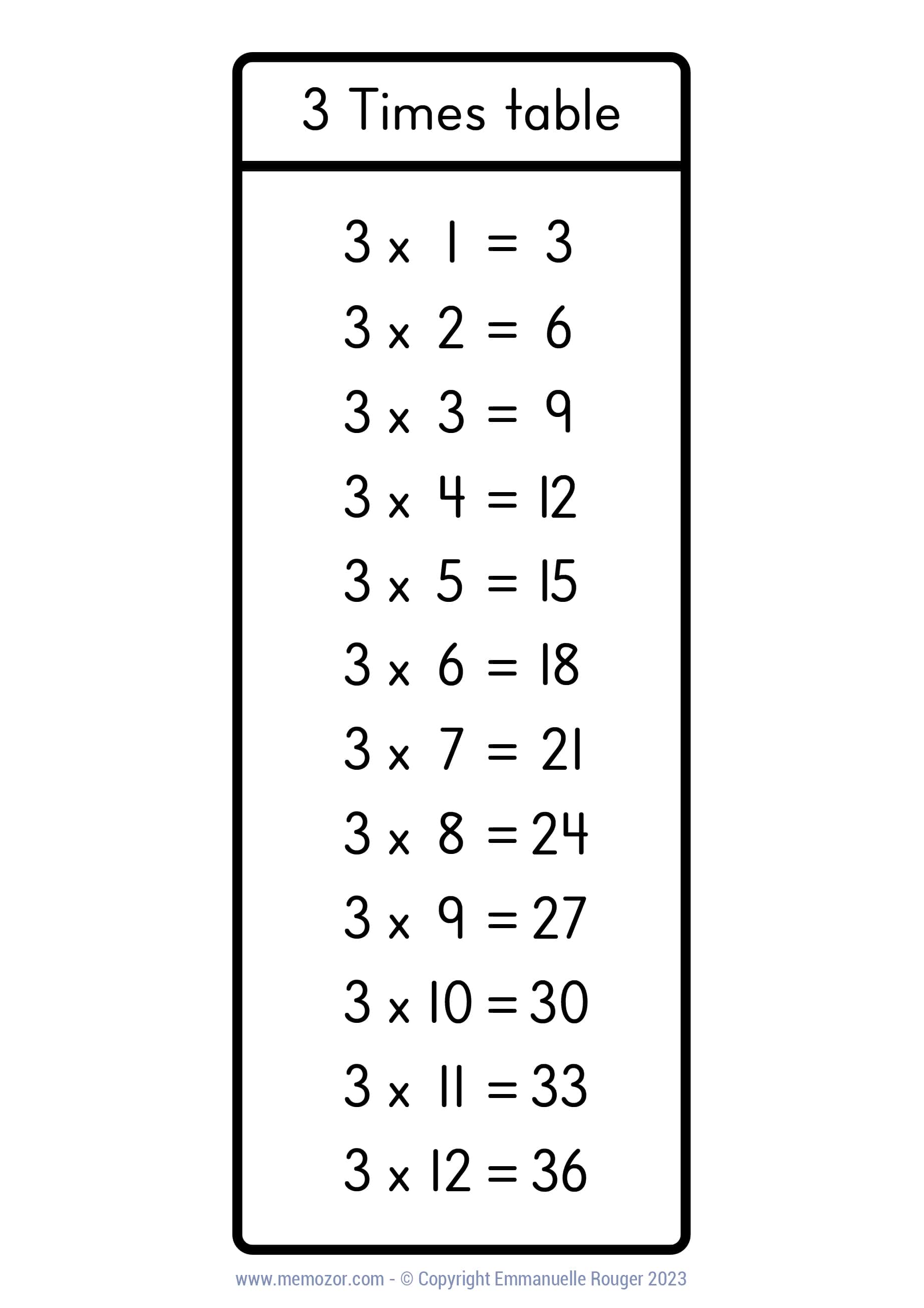 Pretty 3 Times table Chart - Print for free (many colors) | Memozor