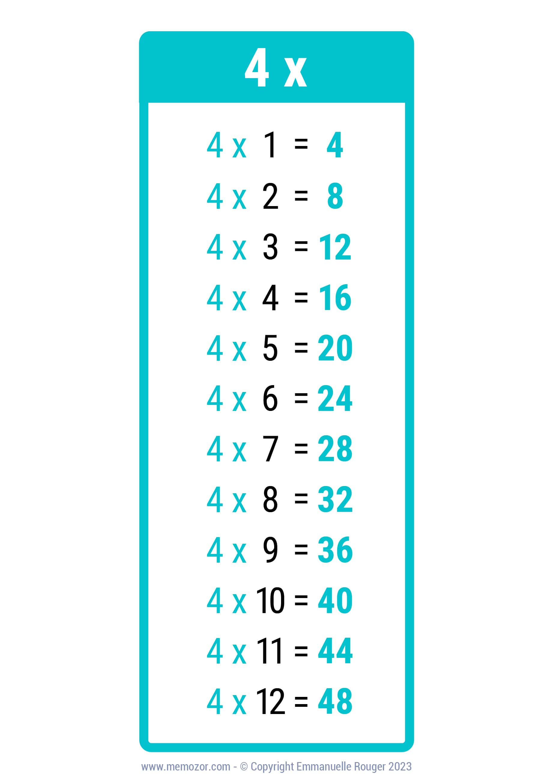 Pretty 4 Times Table Chart Print For Free many Colors Memozor