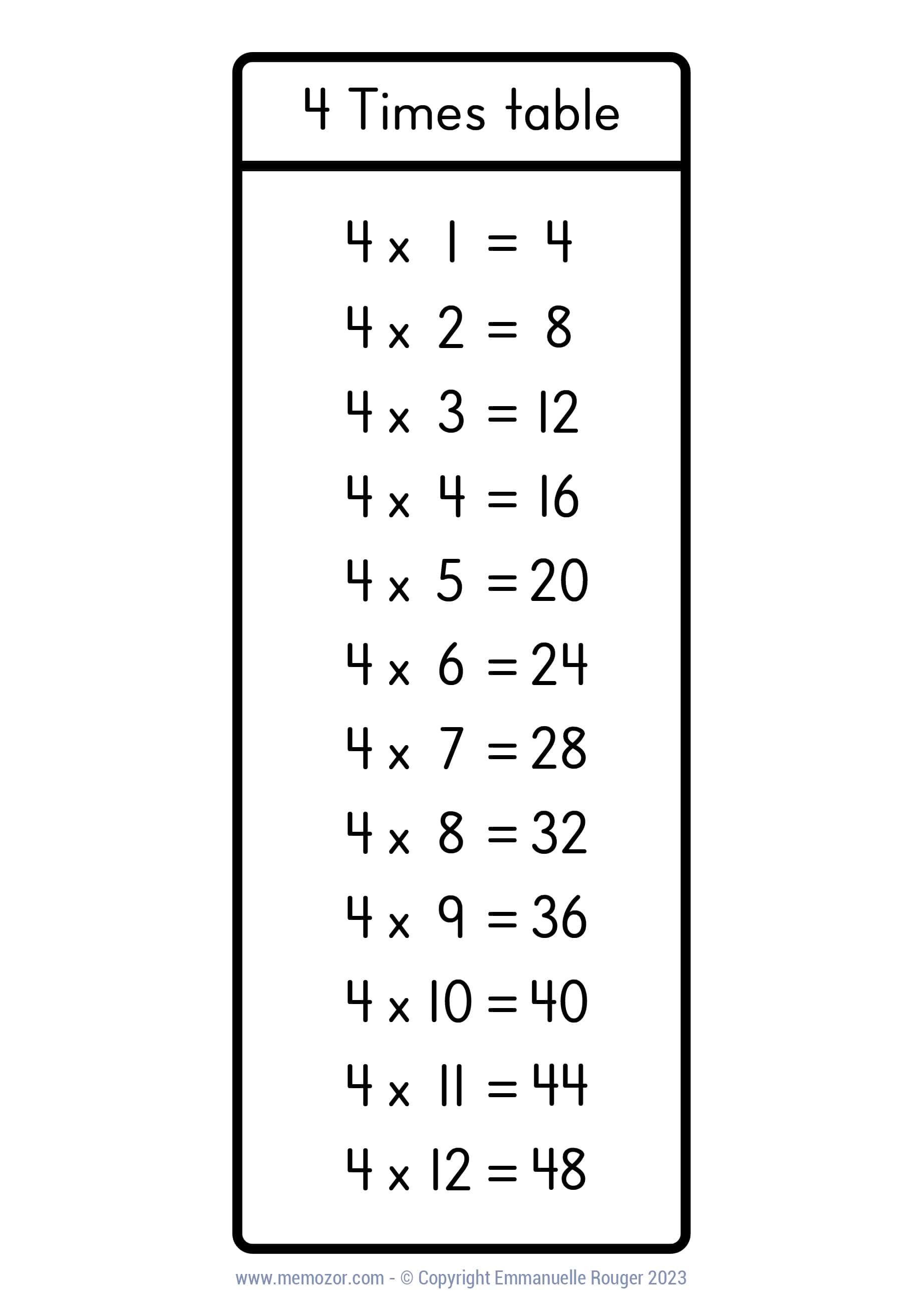 Pretty 4 Times table Chart - Print for free (many colors) | Memozor