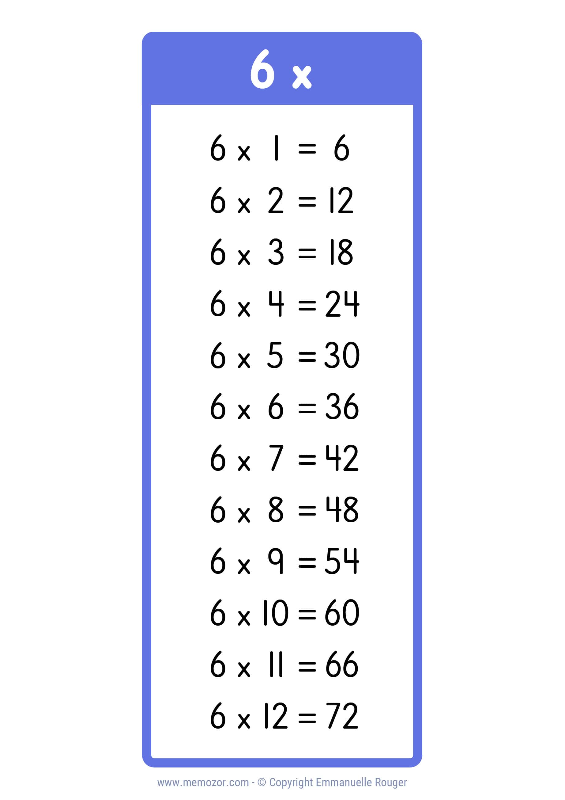 Pretty 6 Times table Chart - Print for free (many colors) | Memozor