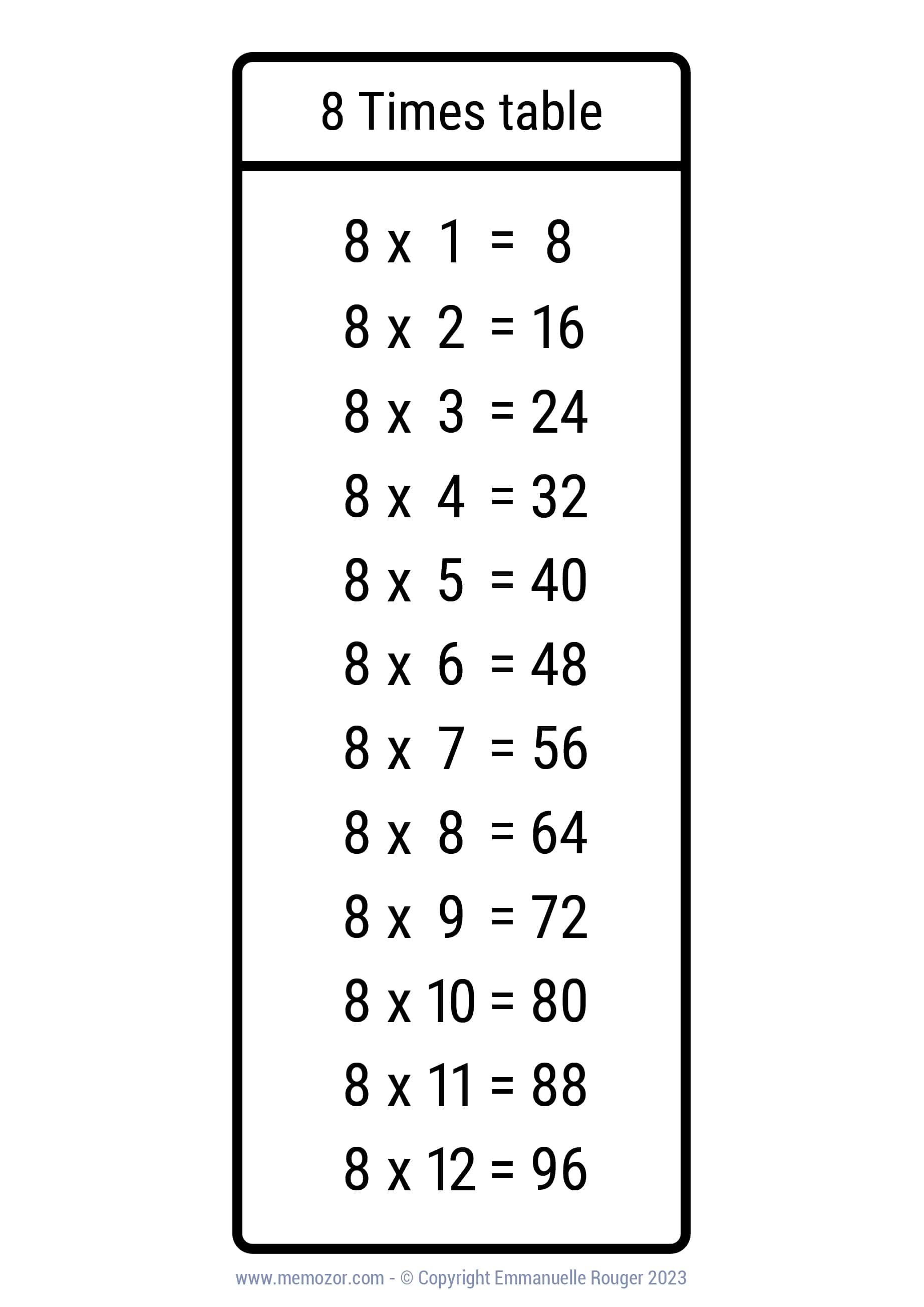 Pretty 8 Times Table Chart Print For Free many Colors Memozor