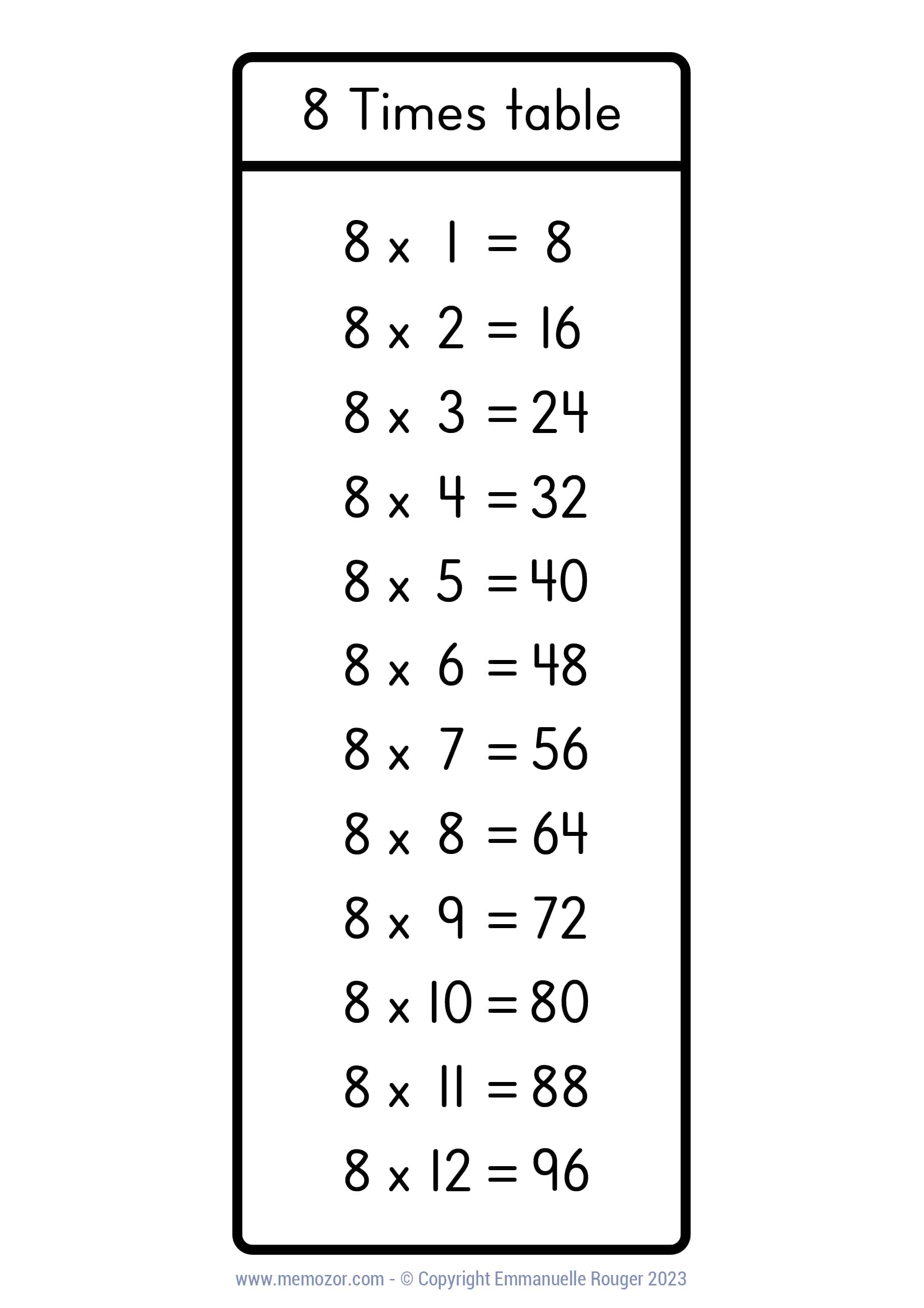Pretty 8 Times table Chart - Print for free (many colors) | Memozor