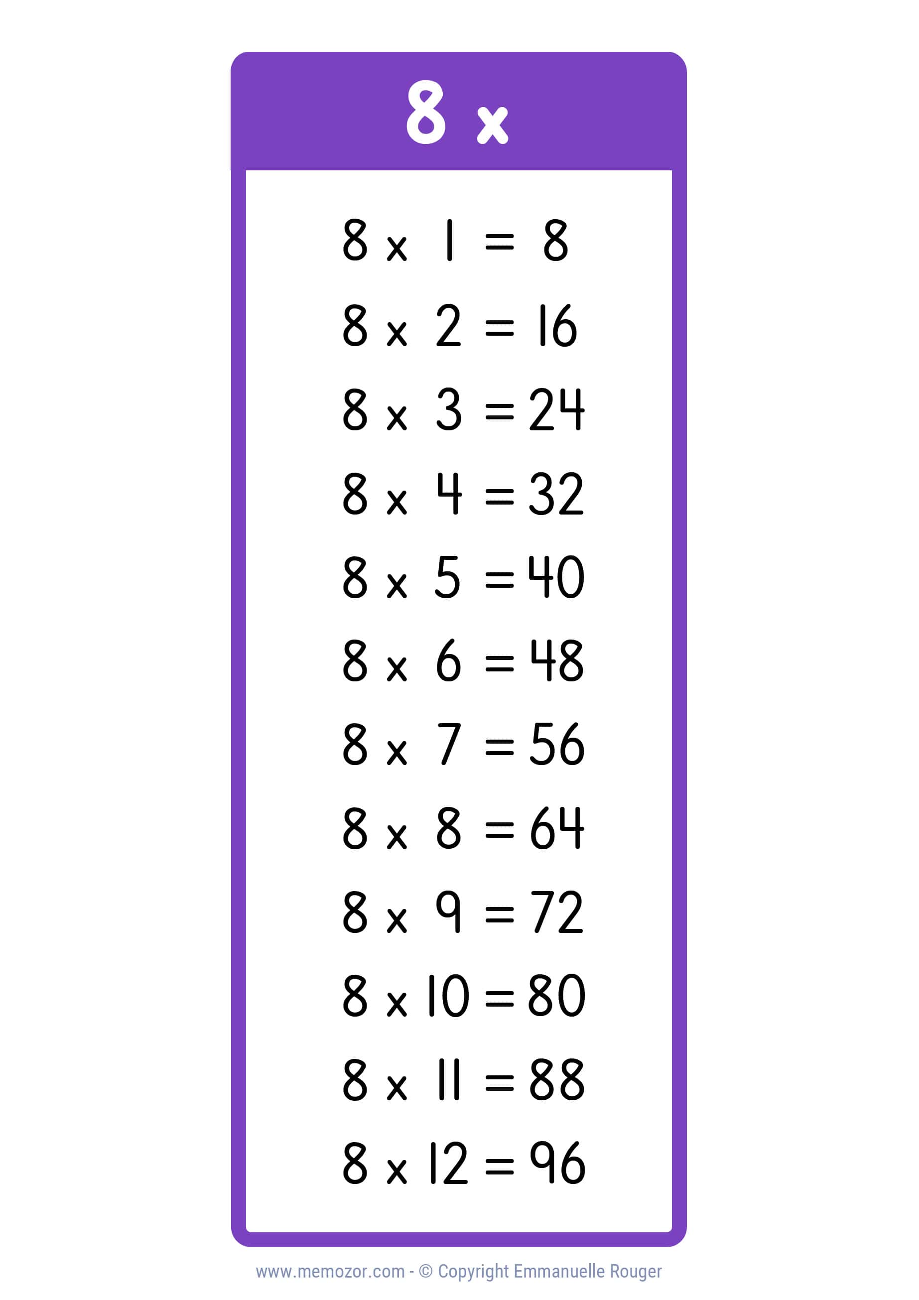 Pretty 8 Times table Chart - Print for free (many colors) | Memozor