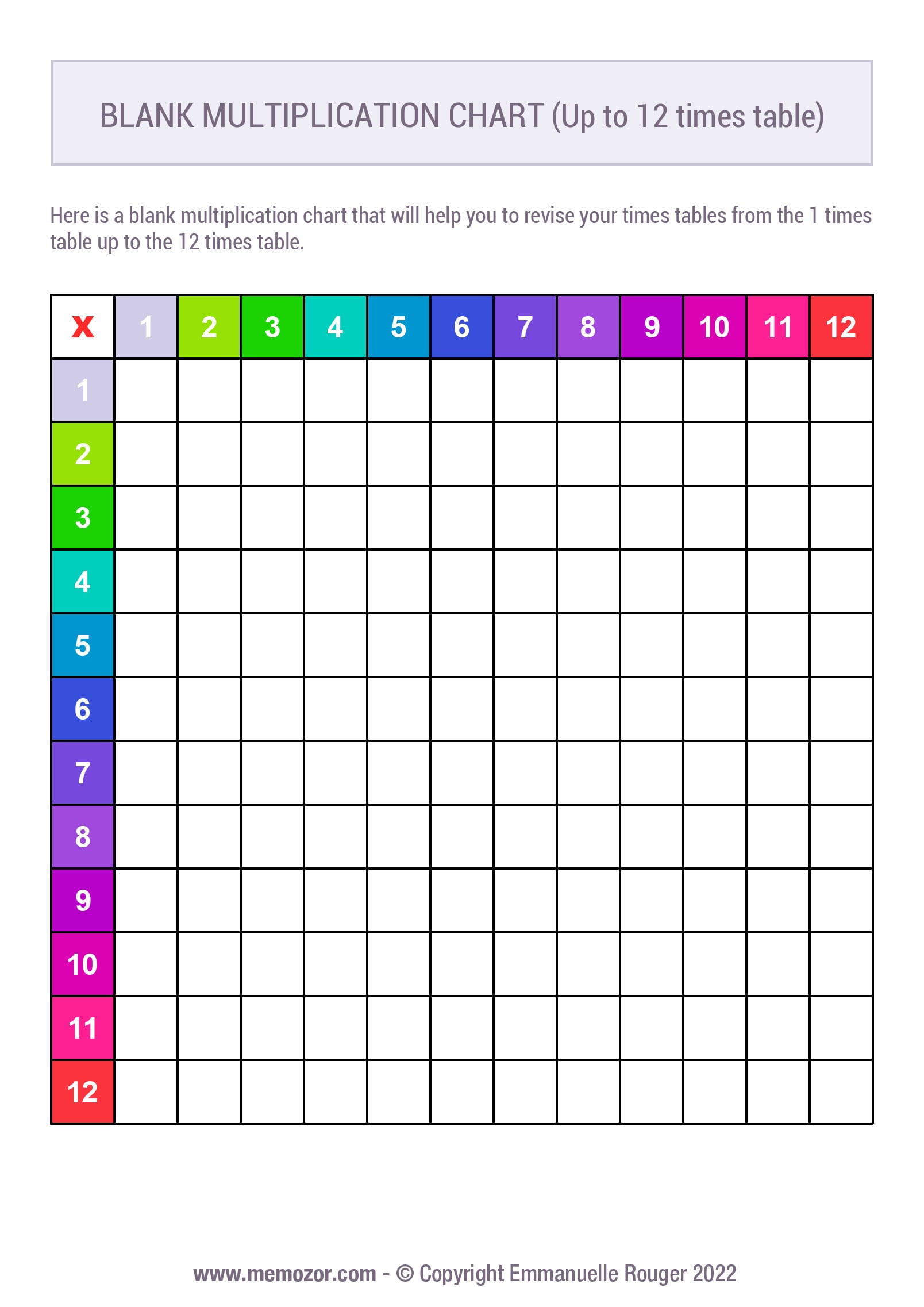 Printable Blank multiplication Chart - Colorful no.3 (1-12) Free | Memozor