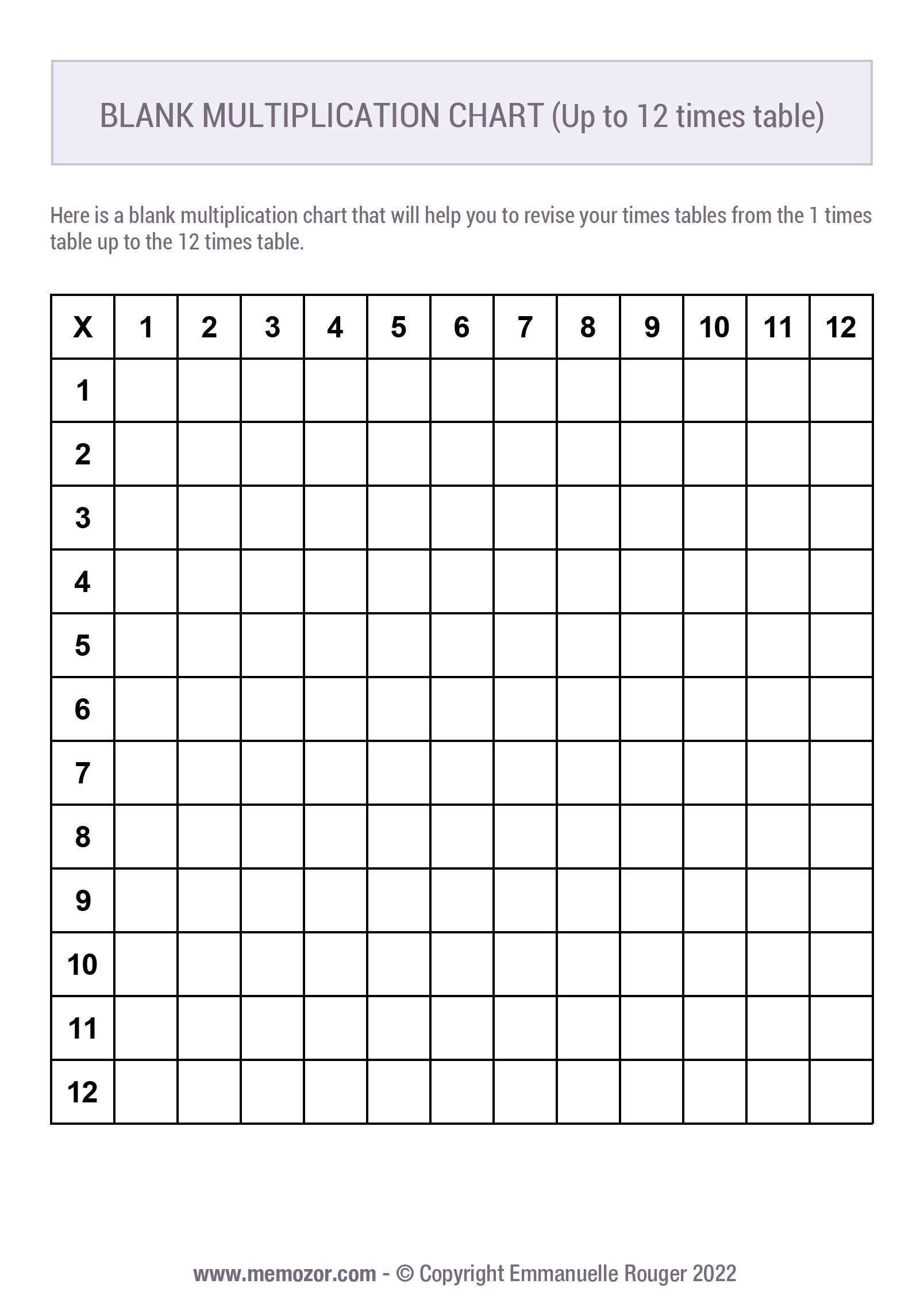 Printable Blank Multiplication Chart Black White 1 12 Free Memozor