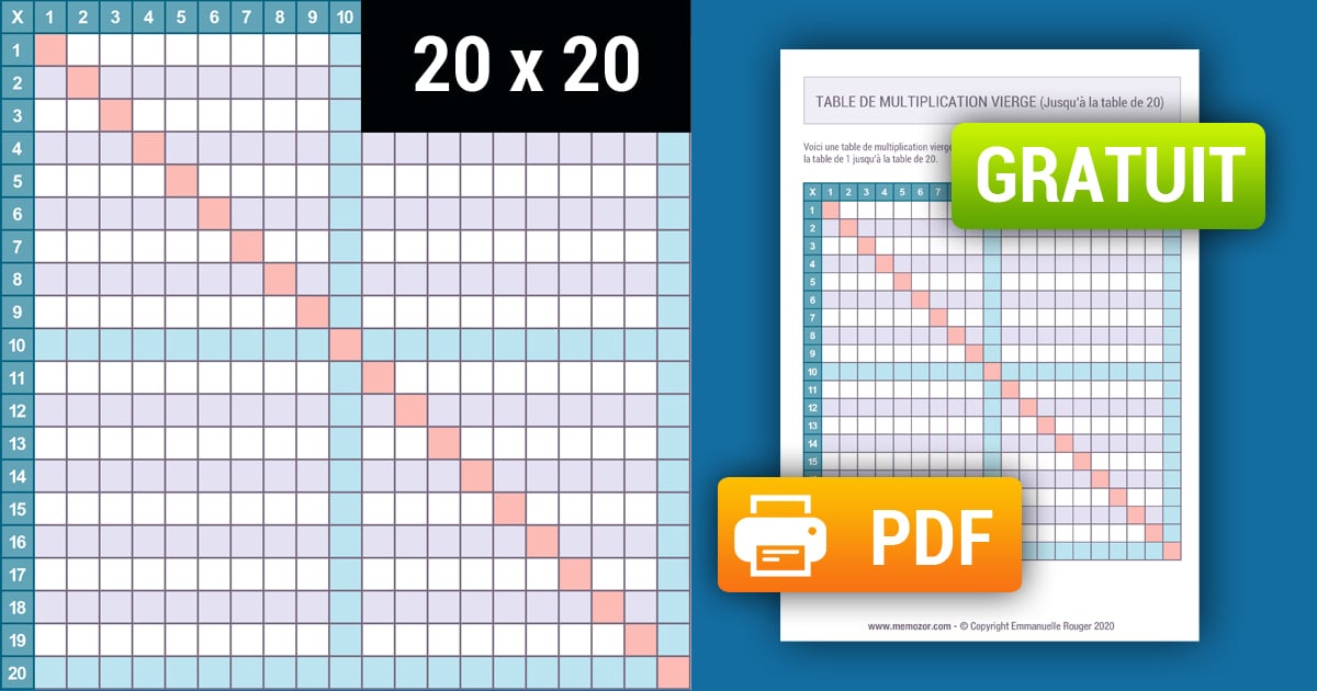 Tableau de multiplication vierge couleur (1 à 20) à Imprimer & Gratuit ...