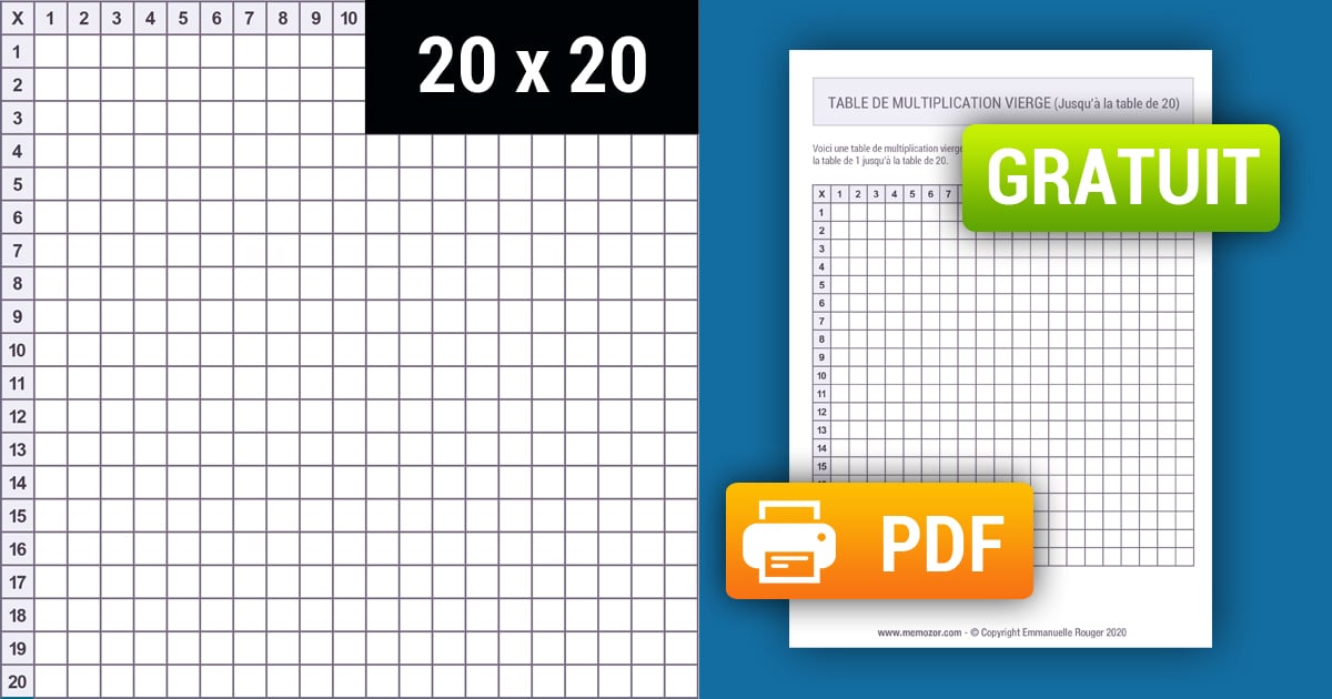 Tableau de multiplication Vierge (1 à 20) à Imprimer & Gratuit | Memozor
