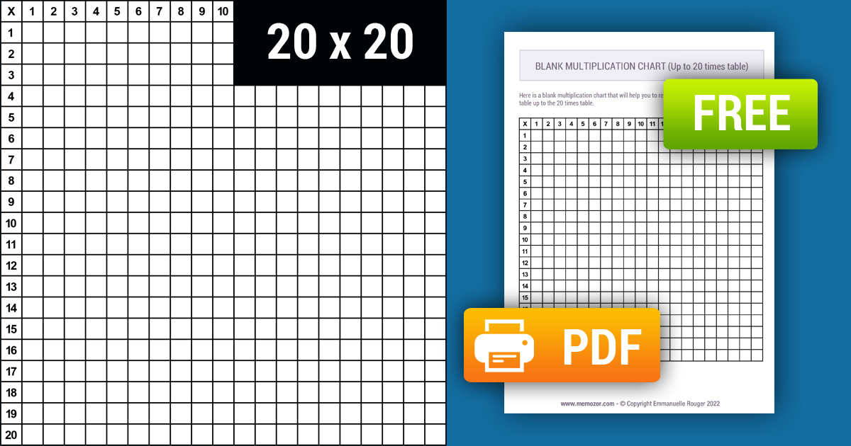 Printable Blank multiplication Chart - Black & White (1-20) Free | Memozor