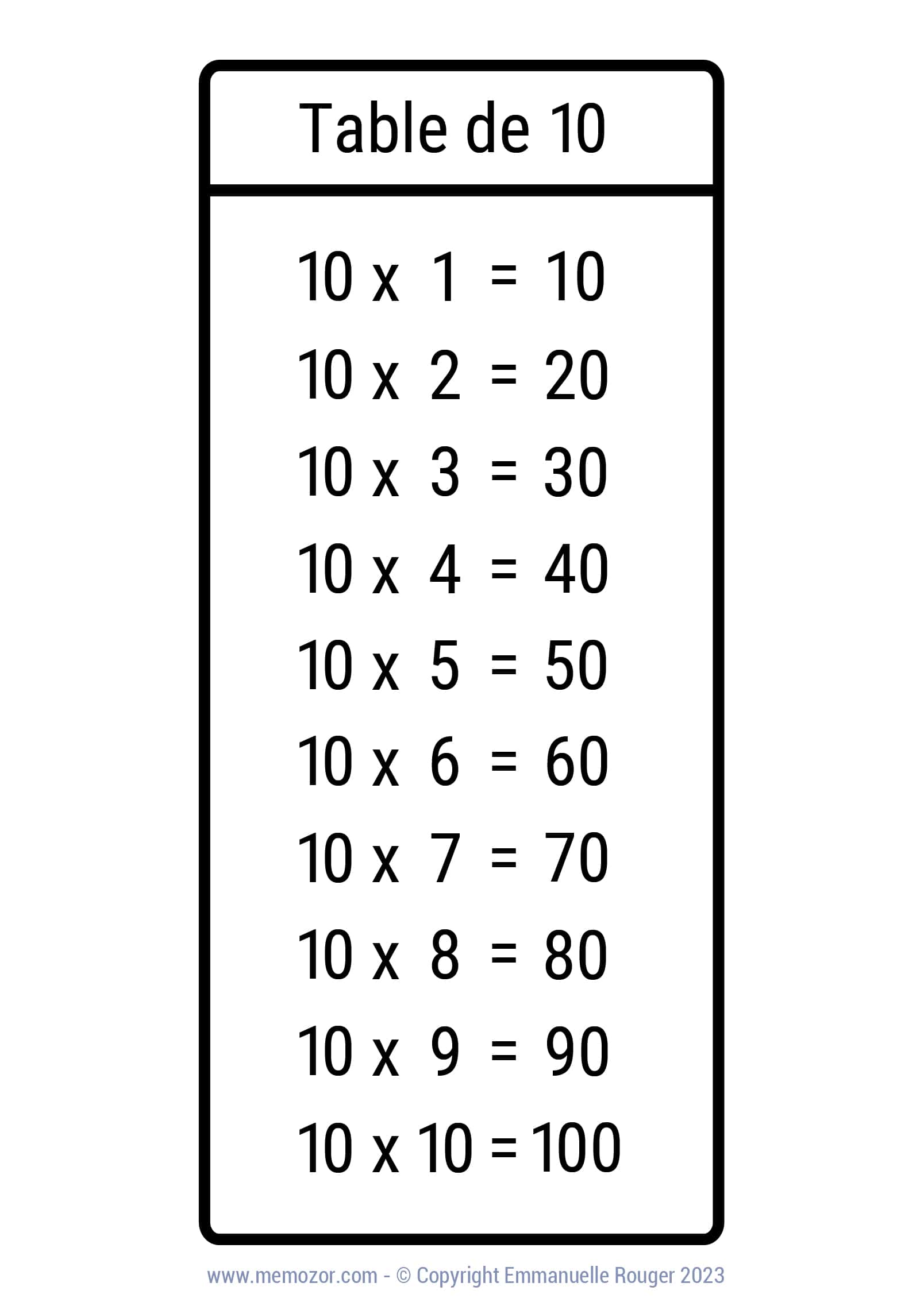 Jolie Table de 10 à imprimer PDF (plusieurs coloris) | Memozor