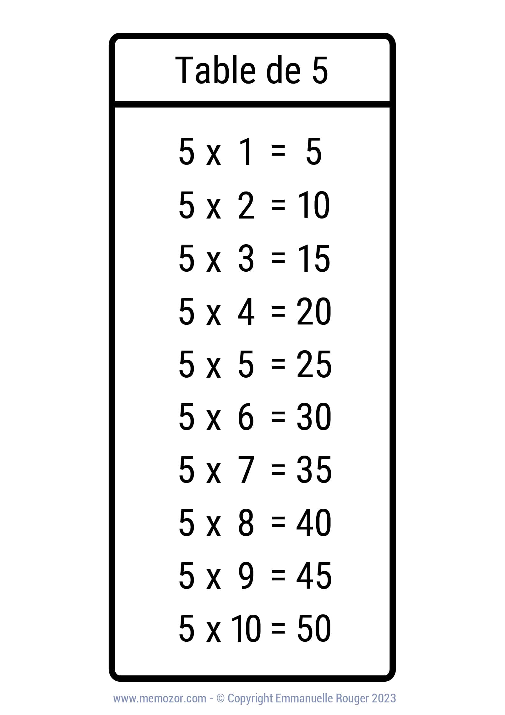Jolie Table de 5 à imprimer PDF (plusieurs coloris) | Memozor