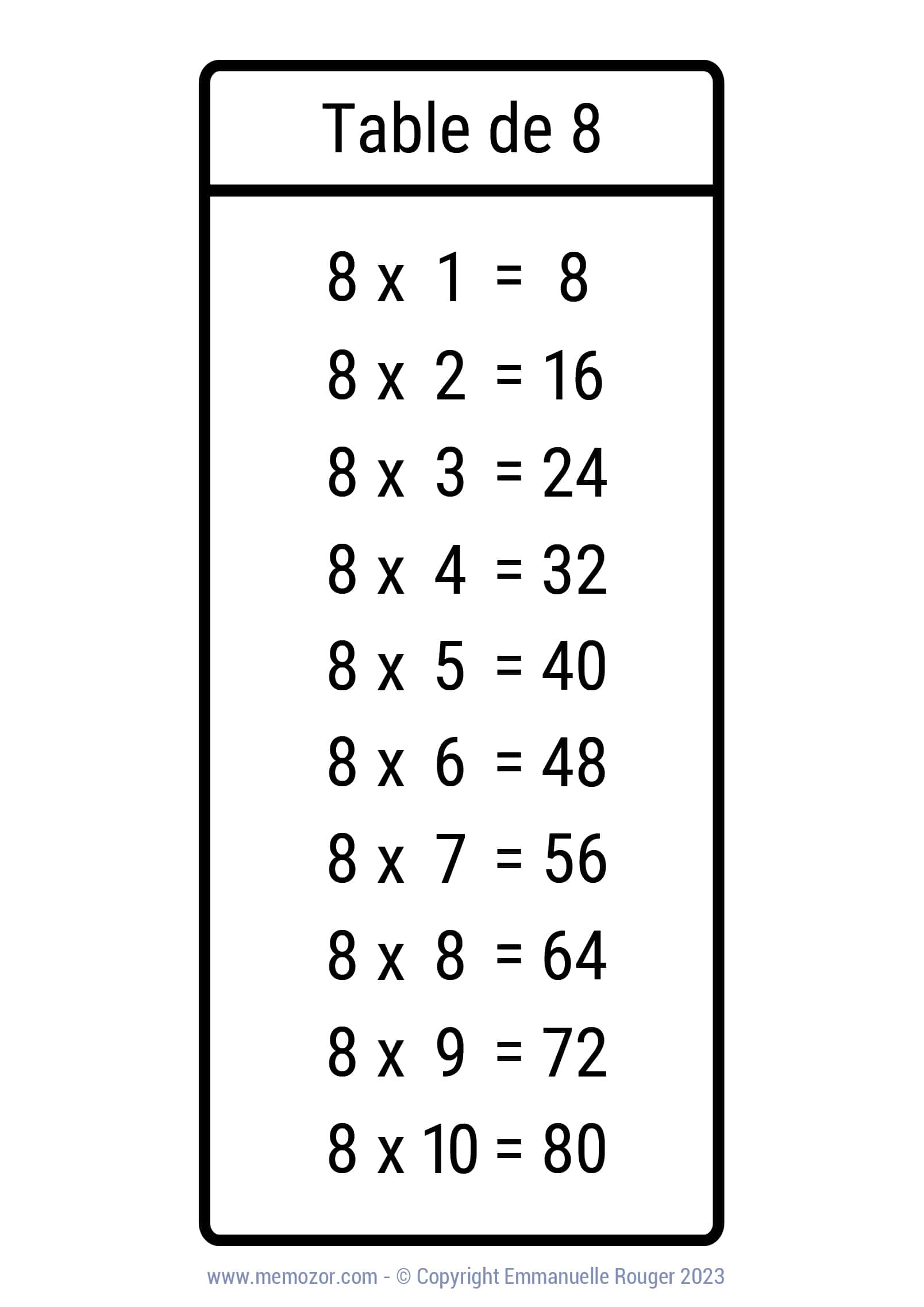 Jolie Table de 8 à imprimer PDF (plusieurs coloris) | Memozor