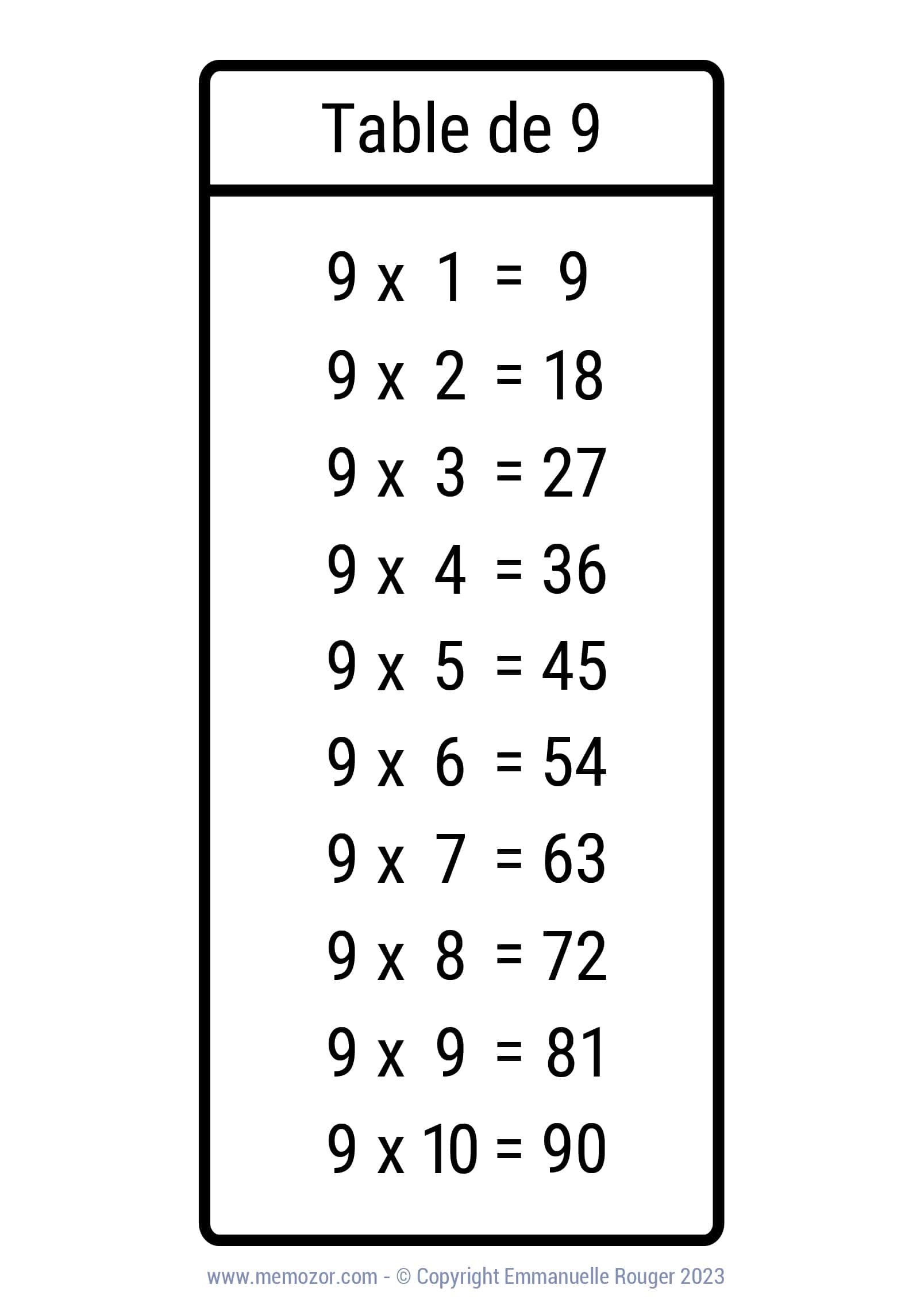 Jolie Table de 9 à imprimer PDF (plusieurs coloris) | Memozor