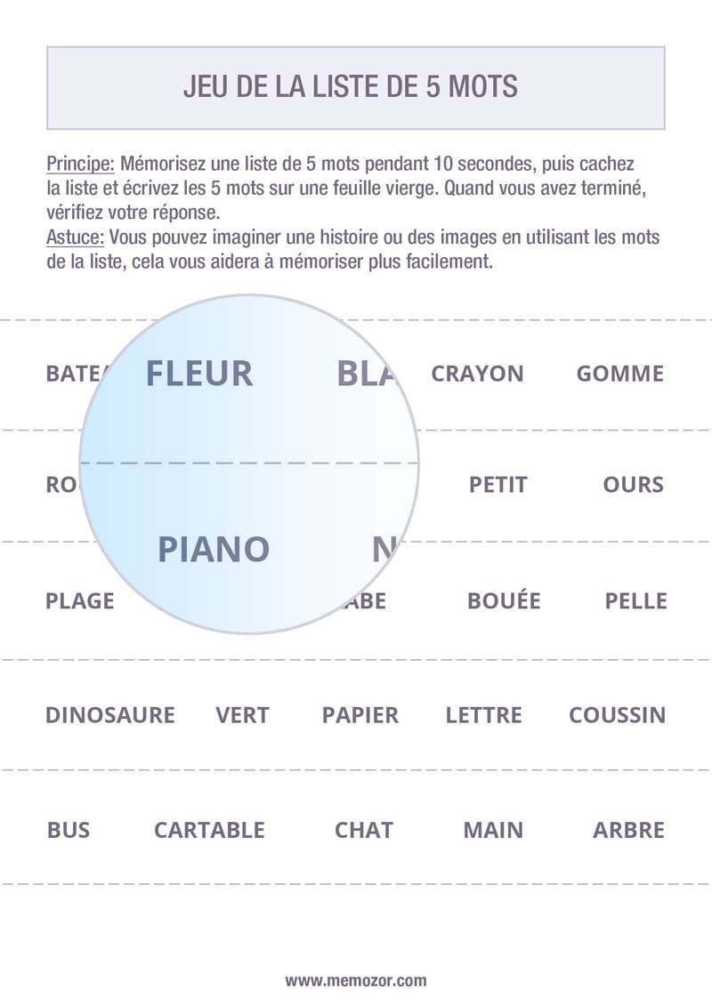 Jeu de mémoire à imprimer - Listes de 5 mots pour enfant | Memozor