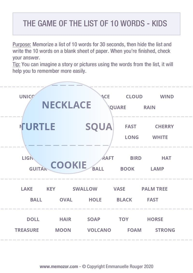 Memory game to print - Lists of 10 words for Kids | Memozor