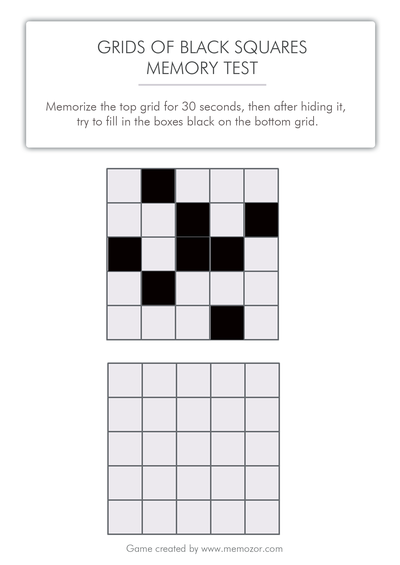 Printable memory test - black squares (grid 1) - Free test! Printable memory test - black squares (grid 1) - Free test!