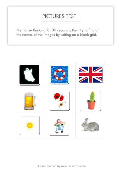Printable memory test - pictures (grid 1) - Free test! Printable memory test - pictures (grid 1) - Free test!