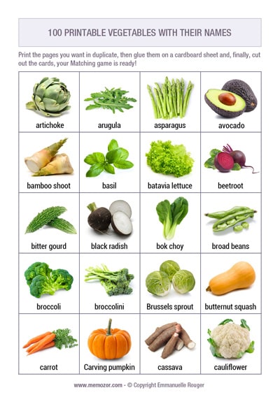 100 Vegetables Cards With Names And Pictures Printable Memozor